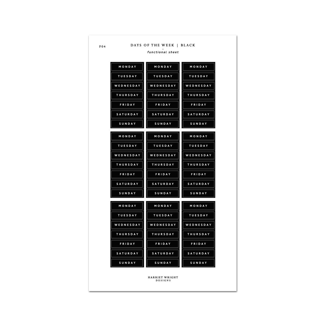 Days of the Week black Functional Sheet - Etsy