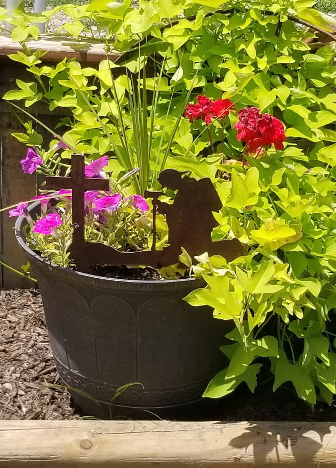 Rustic Metal Firefighter Kneeling at Cross Garden or Flower Pot Decor ...