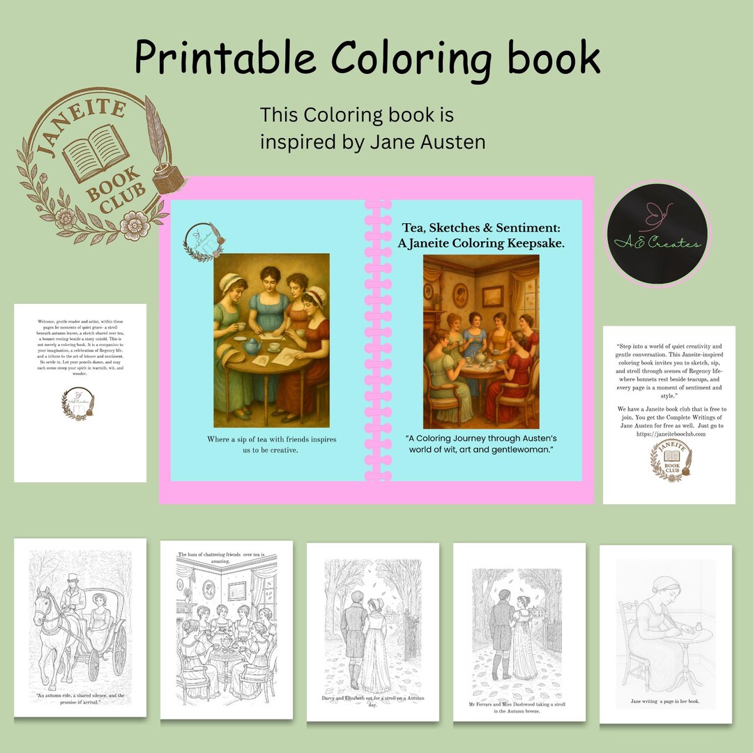 Jane Austen Inspired Pdf Coloring Book Titled- Tea, Sketches ...