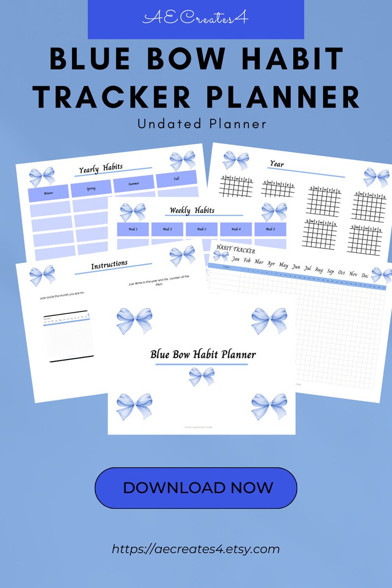 Blue Bow Printable Habit Tracker Planner - Etsy