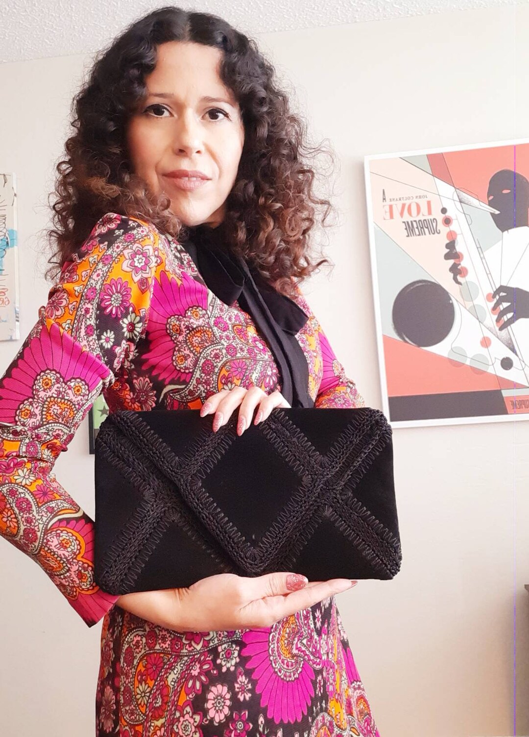 1970s Joseph Magnin Black Suede and Crochet Clutch Purse - Etsy