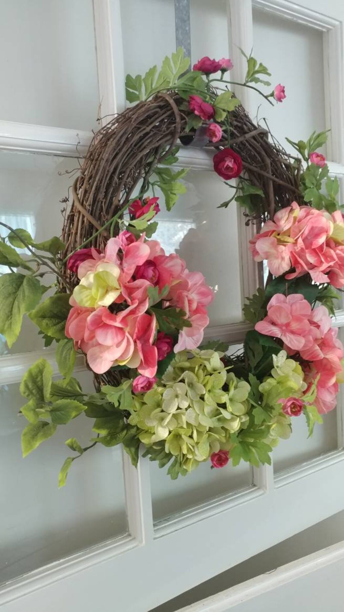 Hydrangea Wreath, Pink and Chartreuse Hydrangea Wreath, Large Front ...