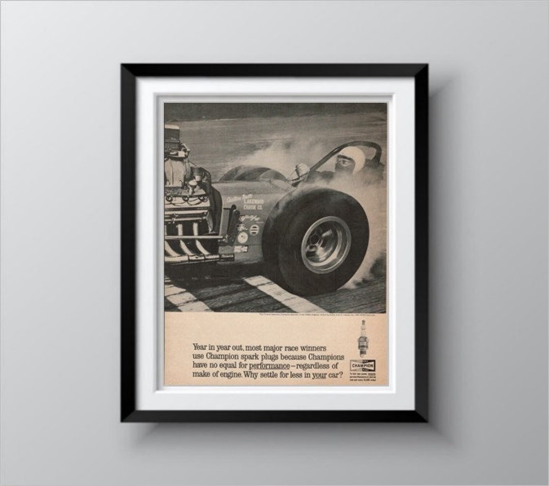 Vintage Drag Racing Advertisement for Champion Spark Plugs, Size 13x10 ...