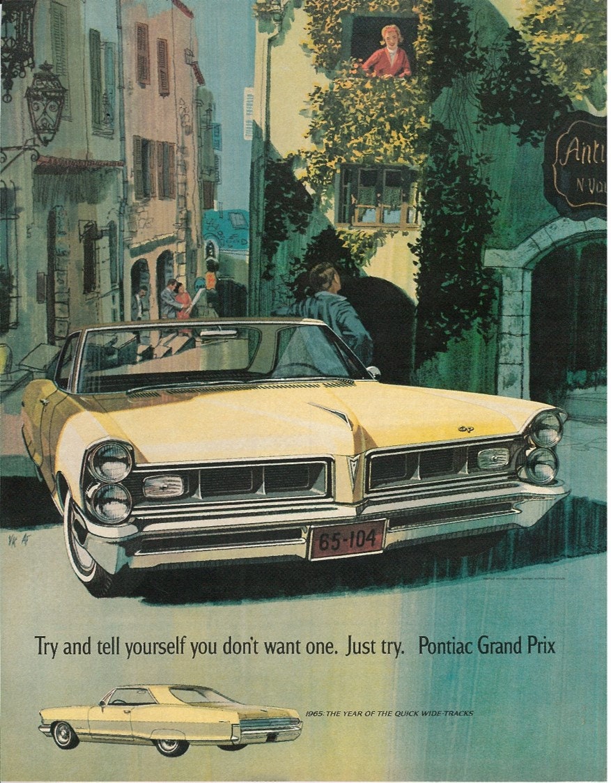 1965 PONTIAC GRAND PRIX Old Car Ad Vintage Look Magazine Advertisement ...