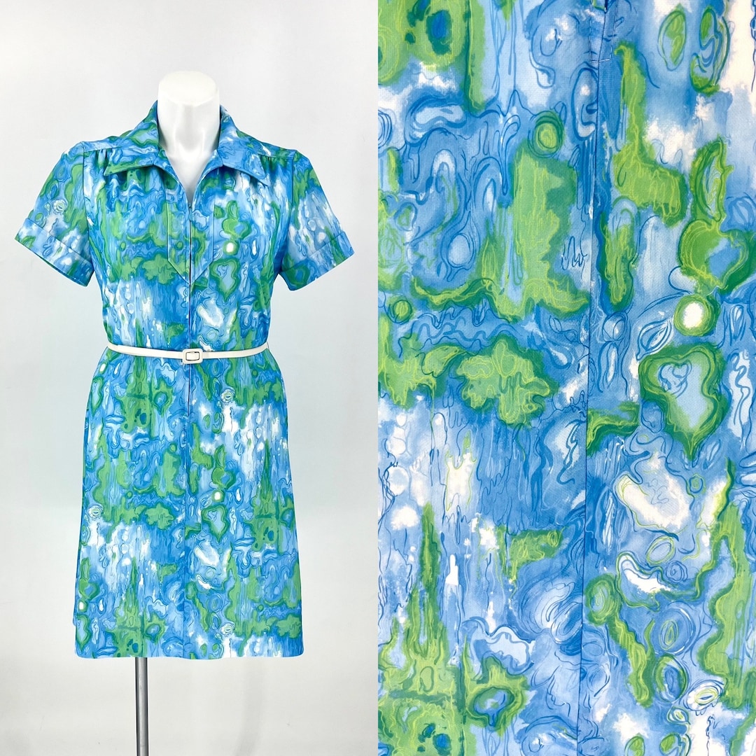 1970s Vintage Plus Size Blue and Green Water Color Mod Dress With Point ...