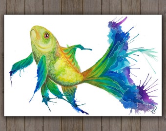 Watercolour Art Print Koi Fish Swimming / Red Rainbow | Etsy