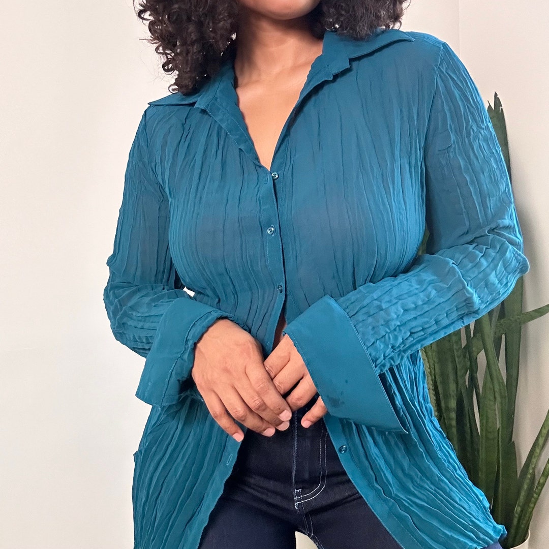 Y2K Teal Crinkle Pleated Blouse - Claudia Richard XL - Etsy