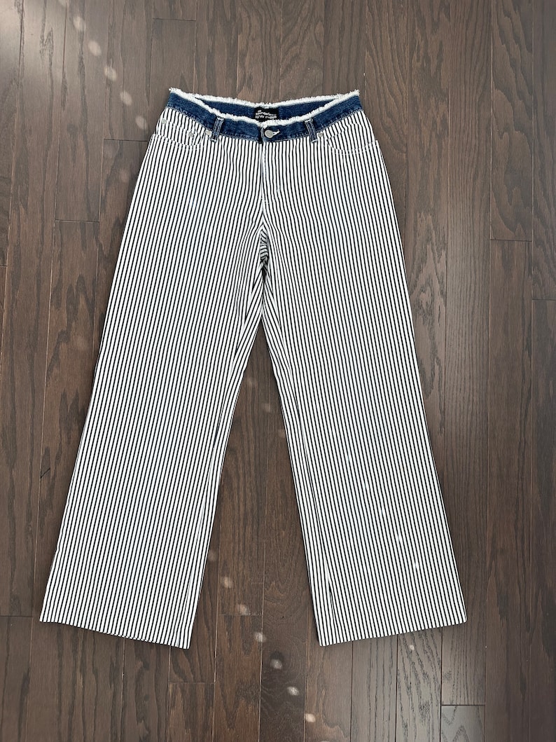 Y2K Railroad Print Jeans Wide Leg Low Rise Jeans Blue Pin Strip Print ...