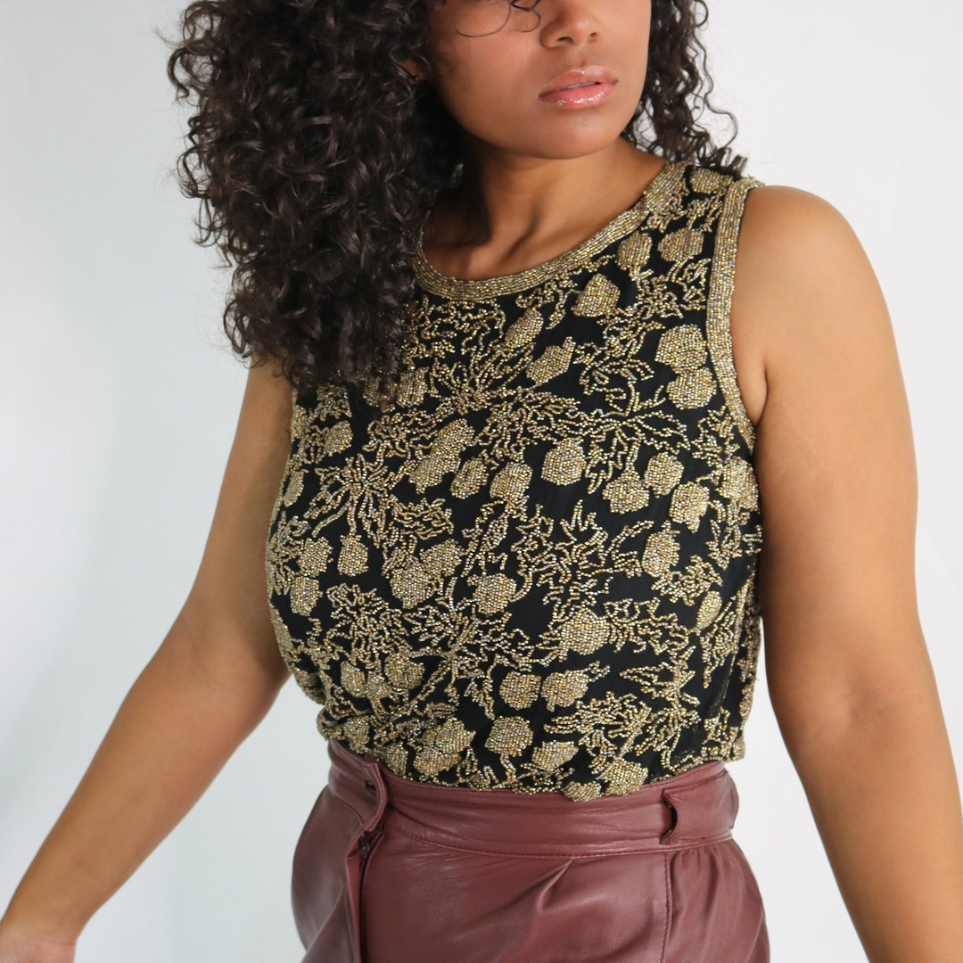 Vintage Sequin Bodysuit: 90s Beaded Leaf Floral Top (M/L) - Etsy
