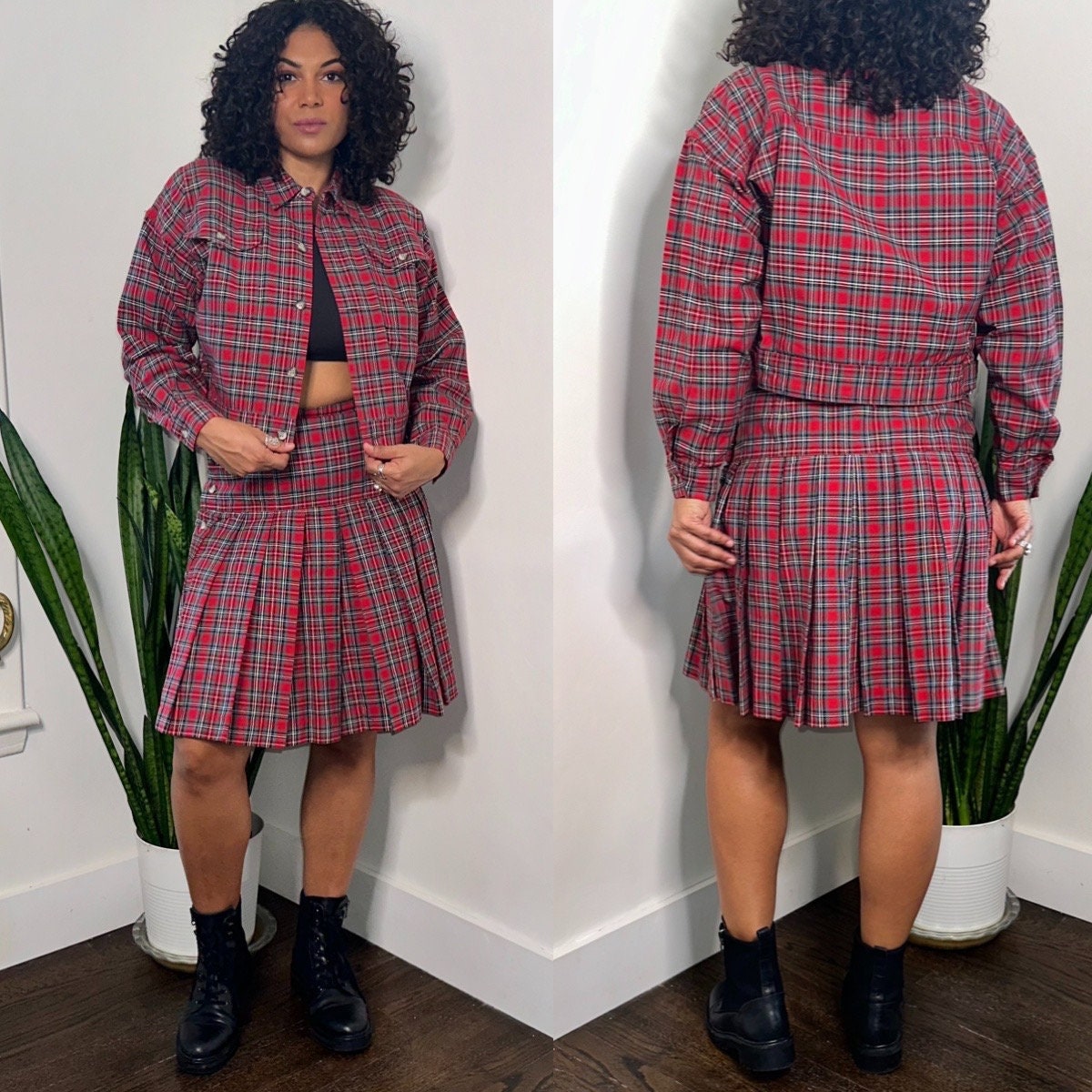 90s Plaid Matching Skirt Set Vintage Grunge Matching Set Red Grey Black ...
