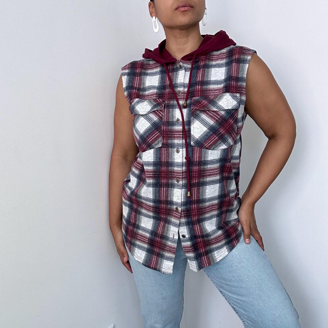 Y2K Hooded Plaid Sleeveless Button up Flannel - Etsy