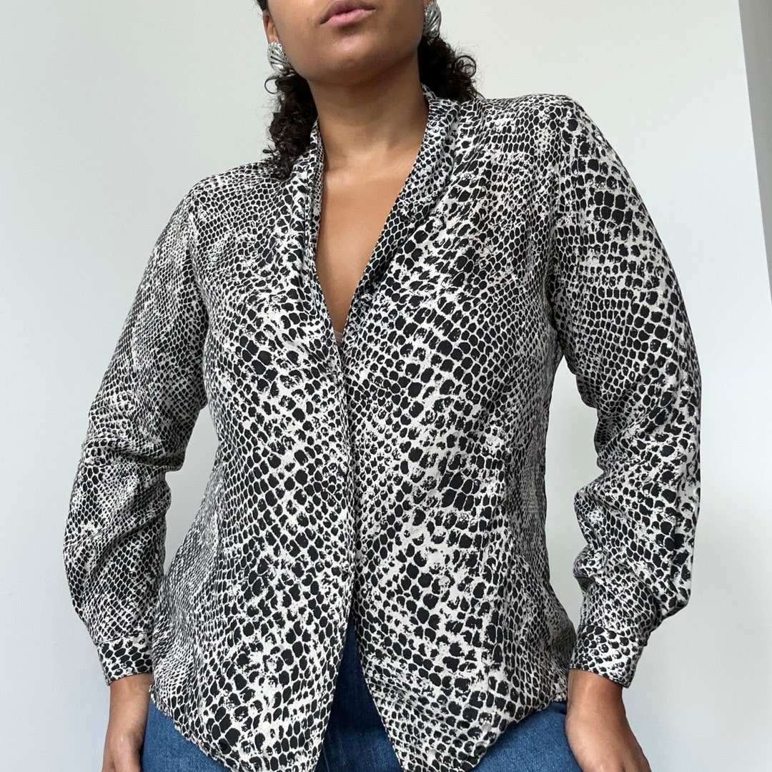 90s Snake Print Blouse Vintage Silk Blouse Black White Silk Button up ...