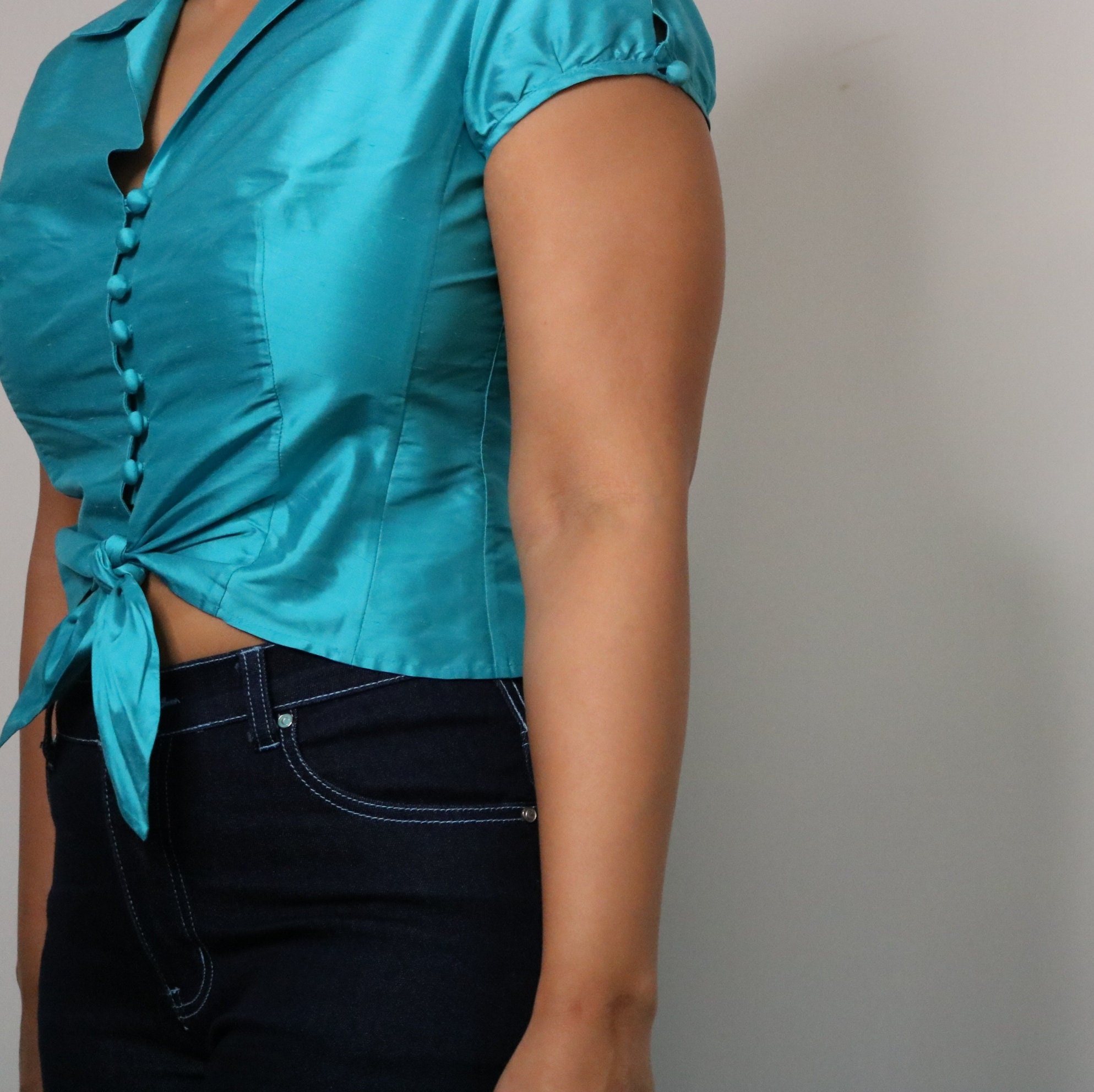Y2K Silk Blouse Teal Blue Silk Button up - Etsy