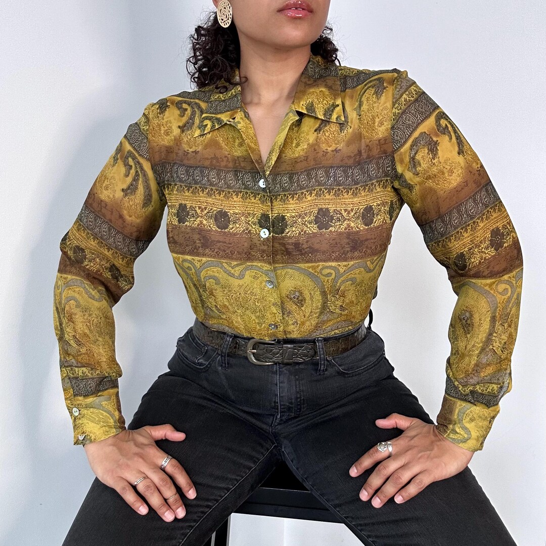 90s Silk Blouse | Yellow Silk Blouse | Paisley Silk Blouse | Chartreuse ...