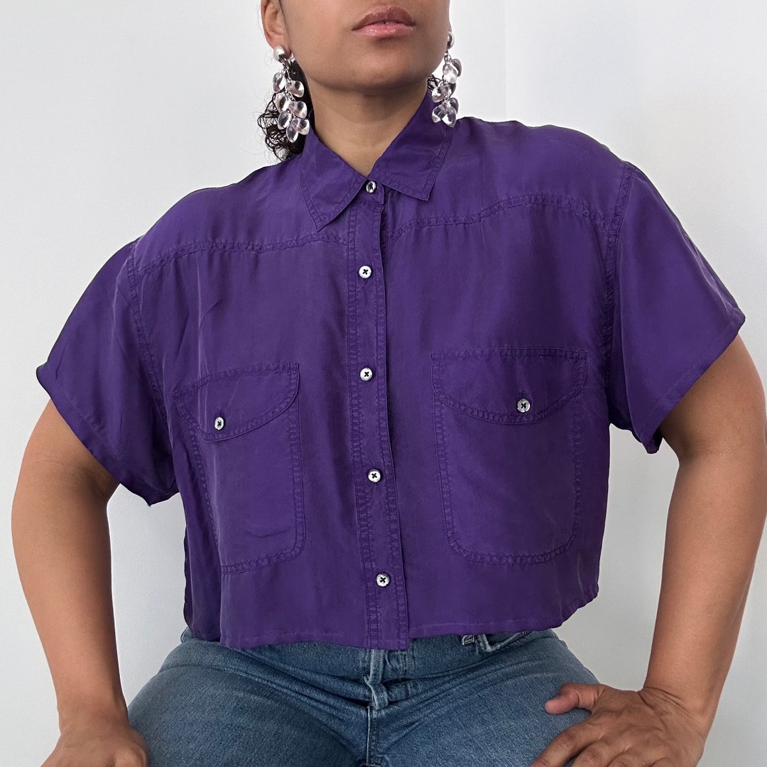 90s Silk Blouse Box Cut Silk Blouse Reworked Silk Blouse Silk Button up ...