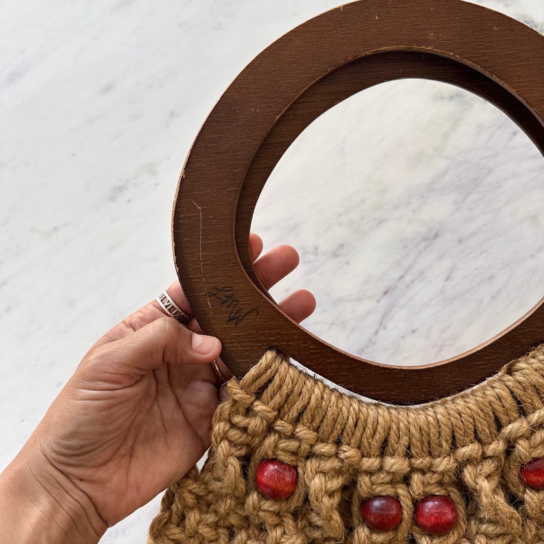 70s Macrame Wooden Handle Purse: Vintage Beaded Top Handle Bag - Etsy