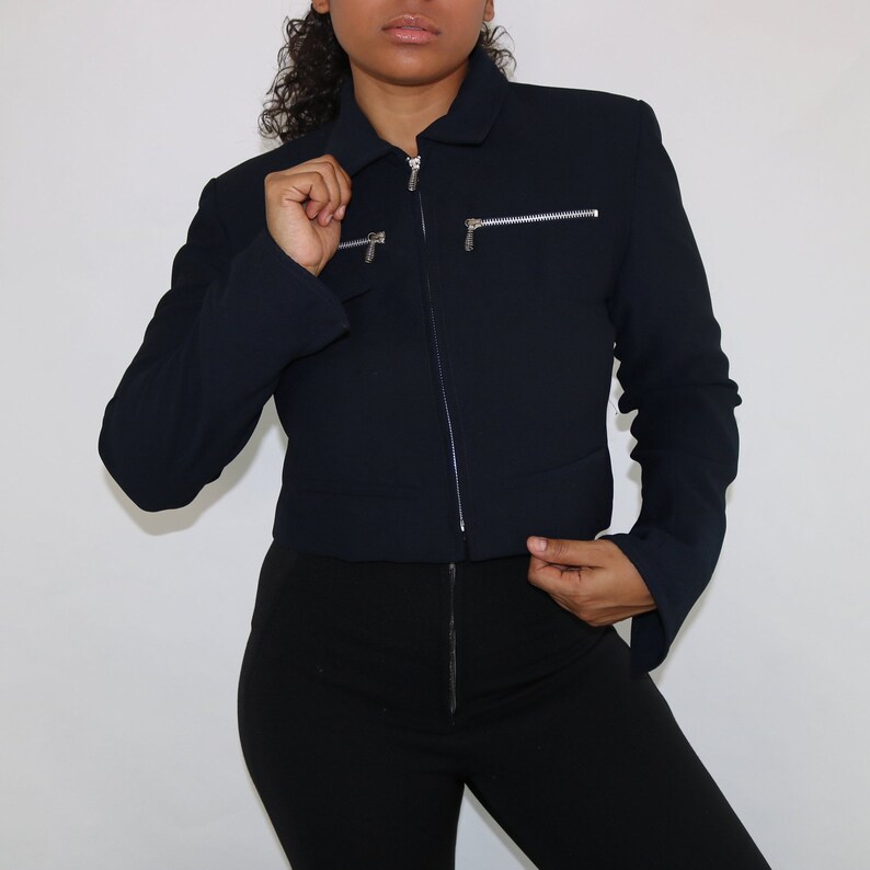 Vintage 90s Navy Crop Jacket: Metal Zip Detail, Size 8 - Etsy