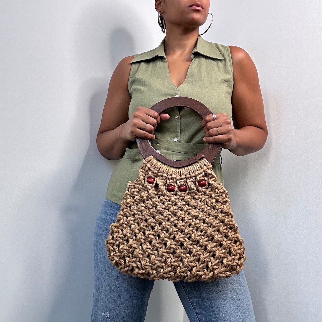 70s Macrame Wooden Handle Purse: Vintage Beaded Top Handle Bag - Etsy