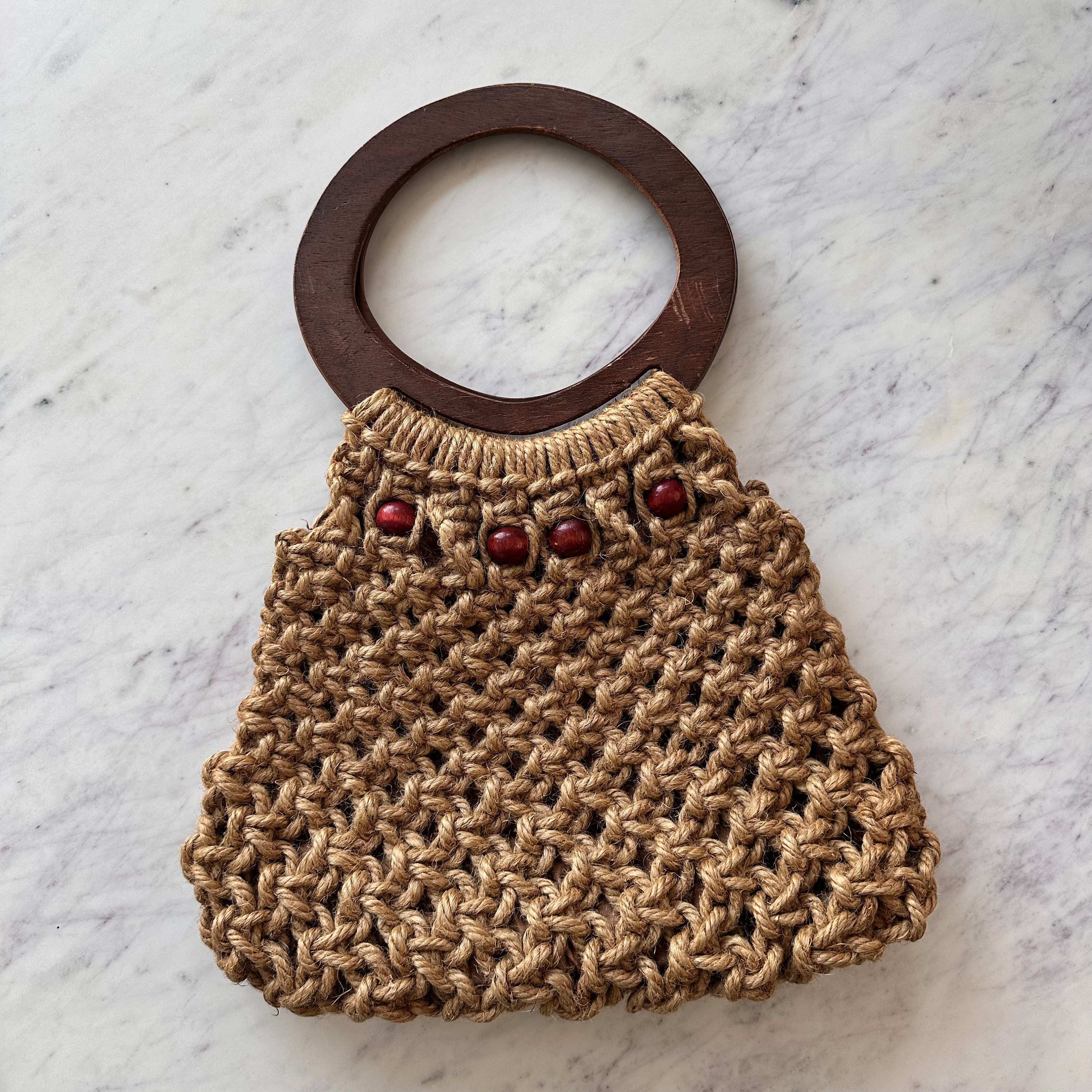 70s Macrame Wooden Handle Purse: Vintage Beaded Top Handle Bag - Etsy
