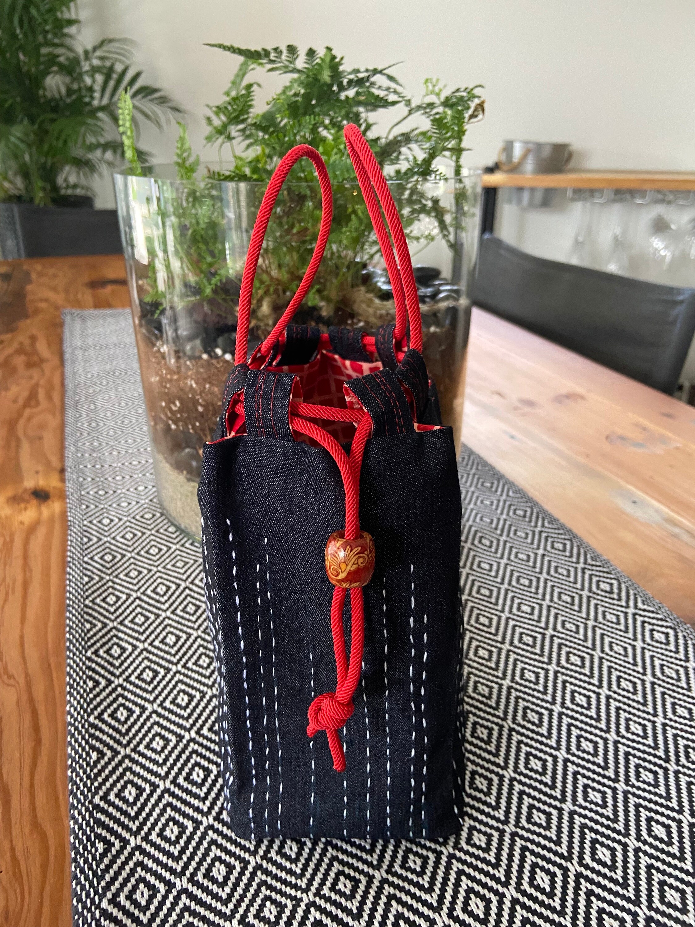 Artisan Bag, Charcoal Rectangular Sashiko Drawstring Bag, Sashiko ...