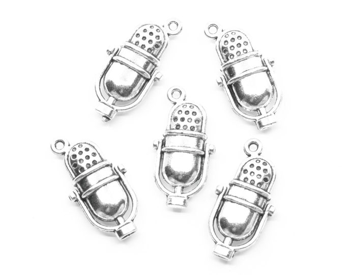 Retro Microphone Antique Silver Tone Double-sided Charms...lot of Five ...
