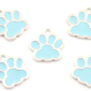 Pastel Blue Paw Print Enamel Charms Silver Plated...lot of Five ...
