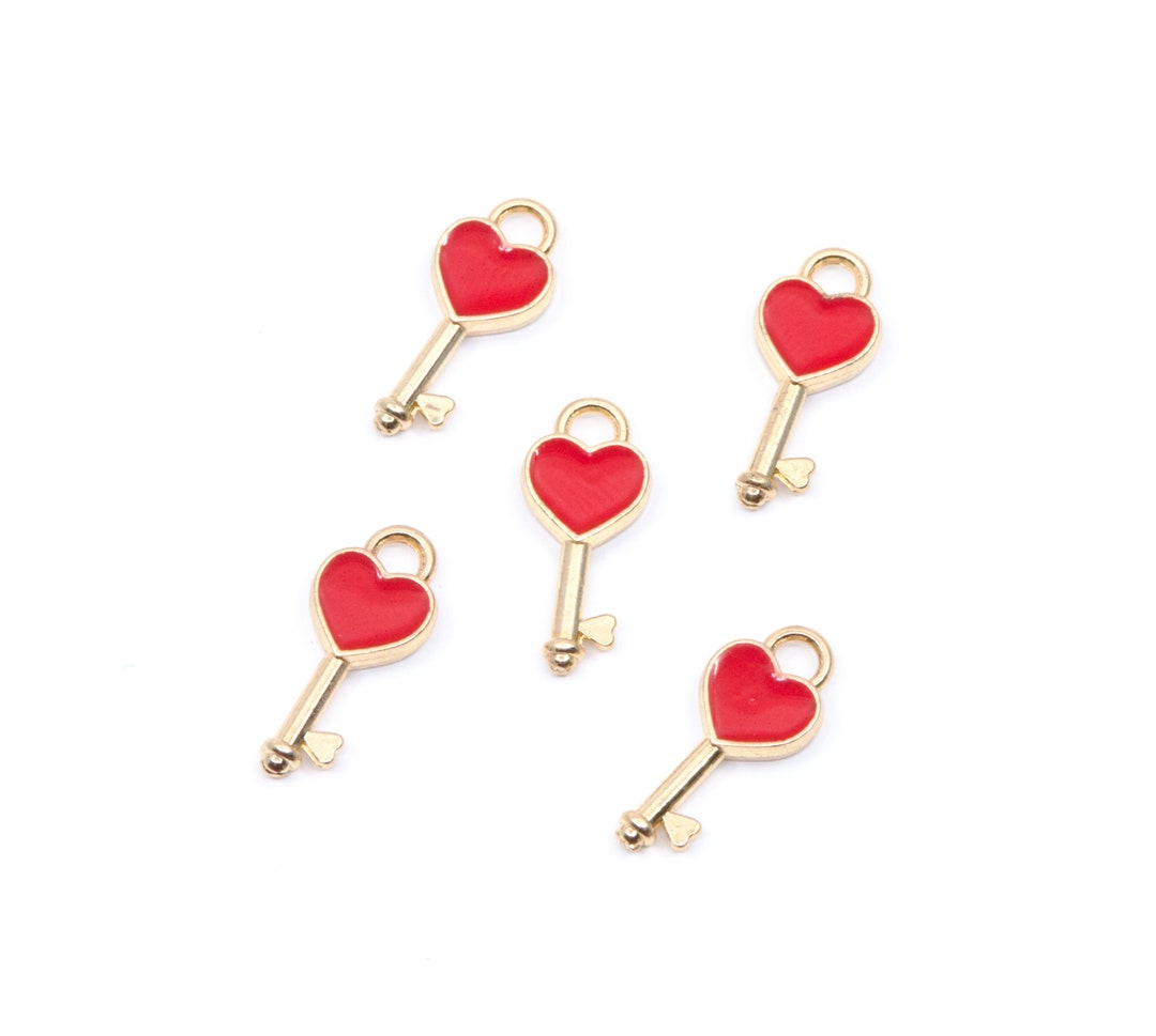 Red Heart Key Enamel Charms Gold Plated...lot of Five.. - Etsy