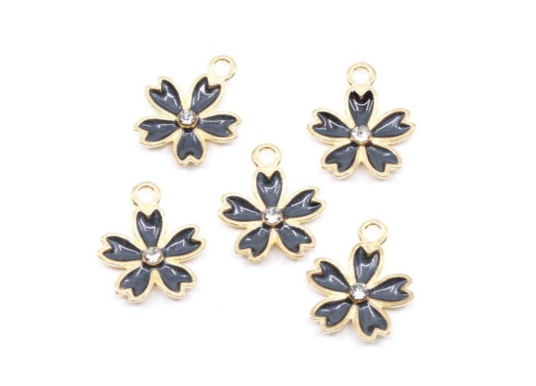 Slate Gray Flower Enamel Charms With Rhinestone Detail - Lot of Five - Etsy