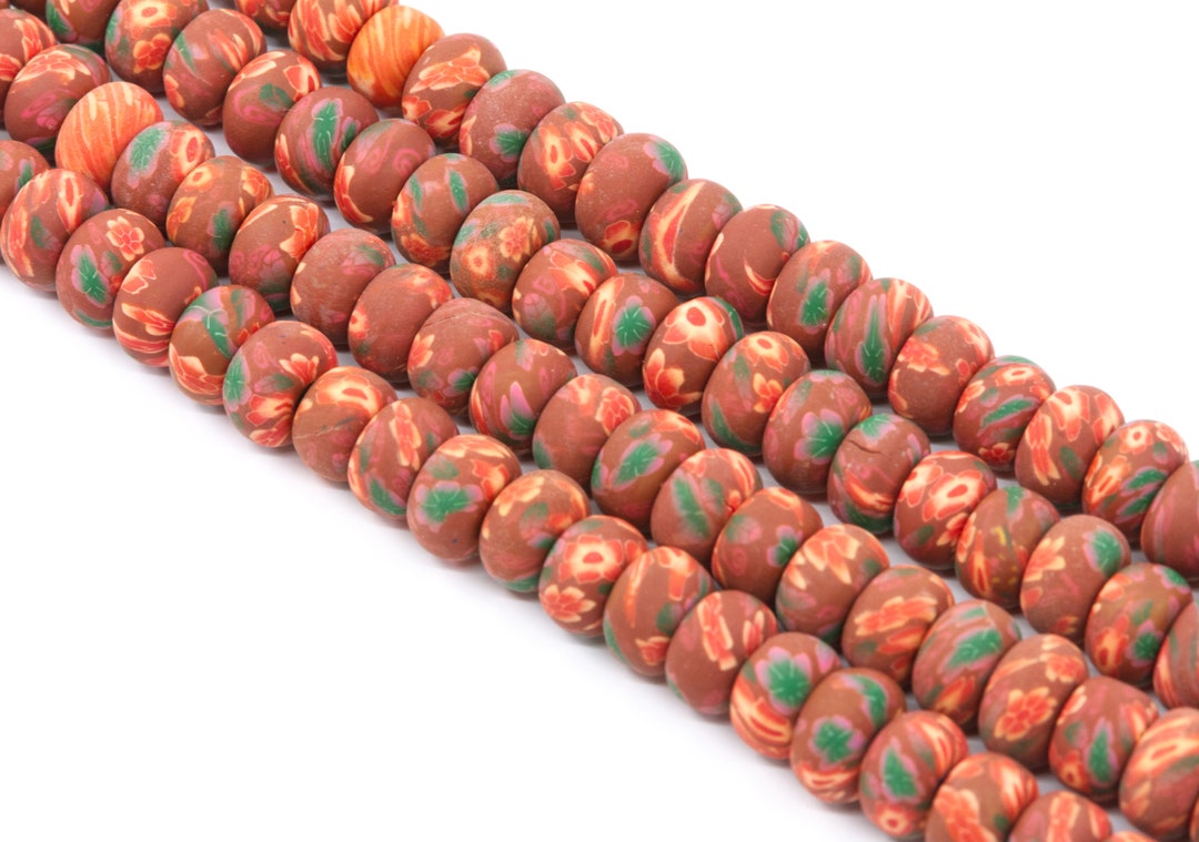 Polymer Clay 10mm Rondelle Burnt Orange Floral Print...full Strand...15 ...