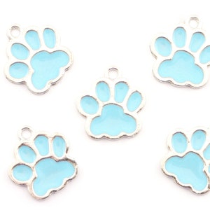 Pastel Blue Paw Print Enamel Charms Silver Plated...lot of Five ...