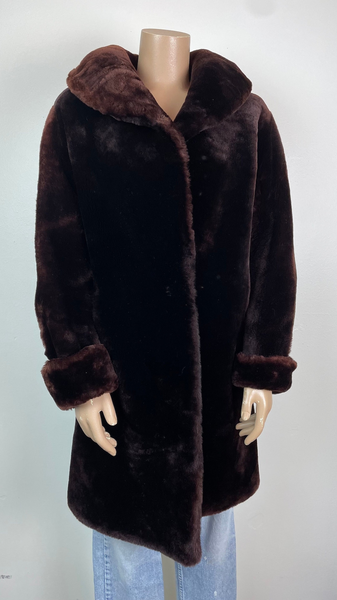 Vintage 50s MOUTON FUR COAT Dark Chocolate Brown Winter Small / Medium ...