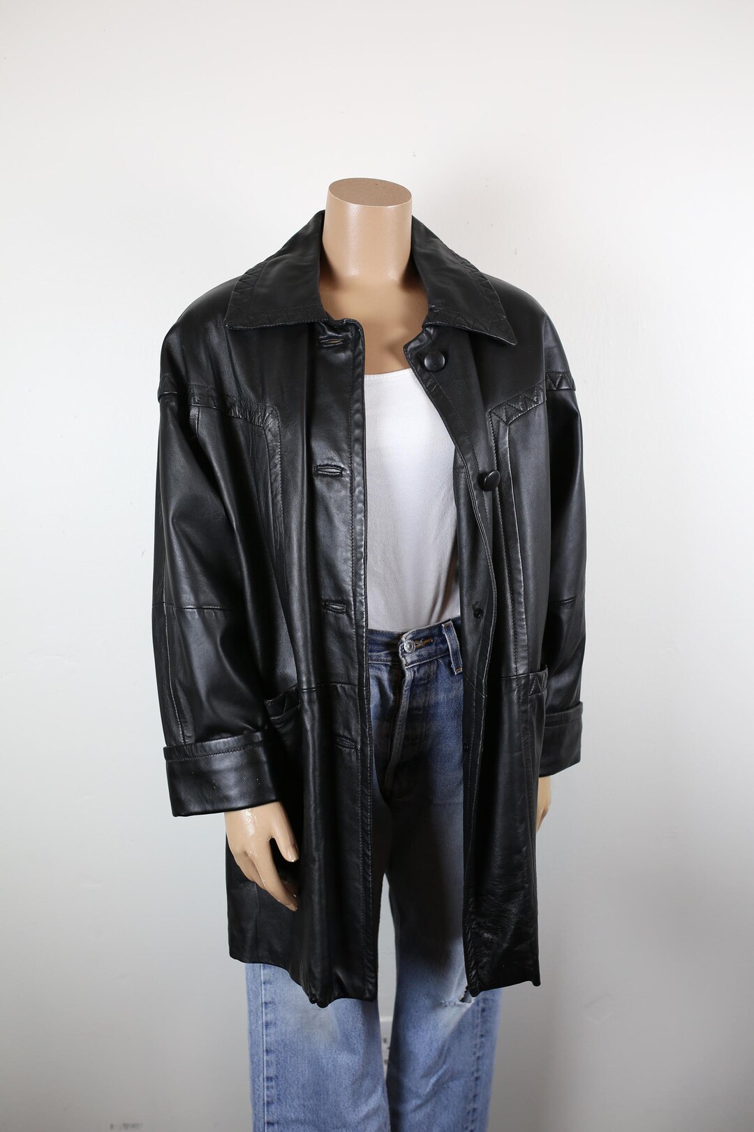 Vintage 80s 90s AVANTI LEATHER COAT Jacket Black Oversized Cuffed ...