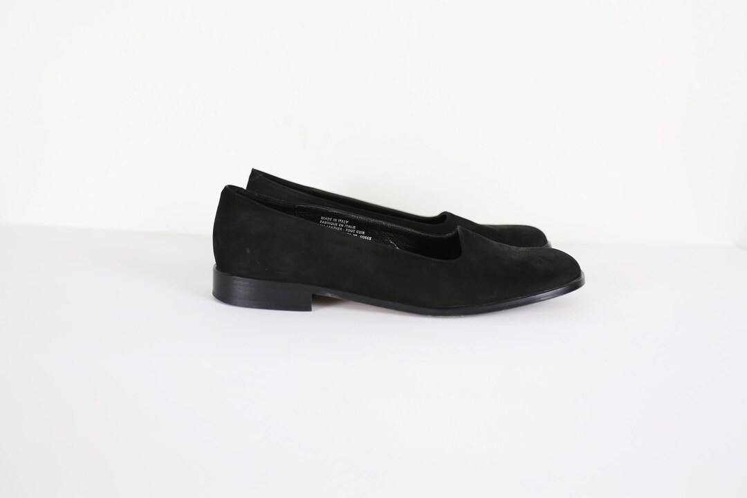 Vintage 80s 90s EDDIE BAUER FLATS Suede Square Toe Black Leather Slip ...