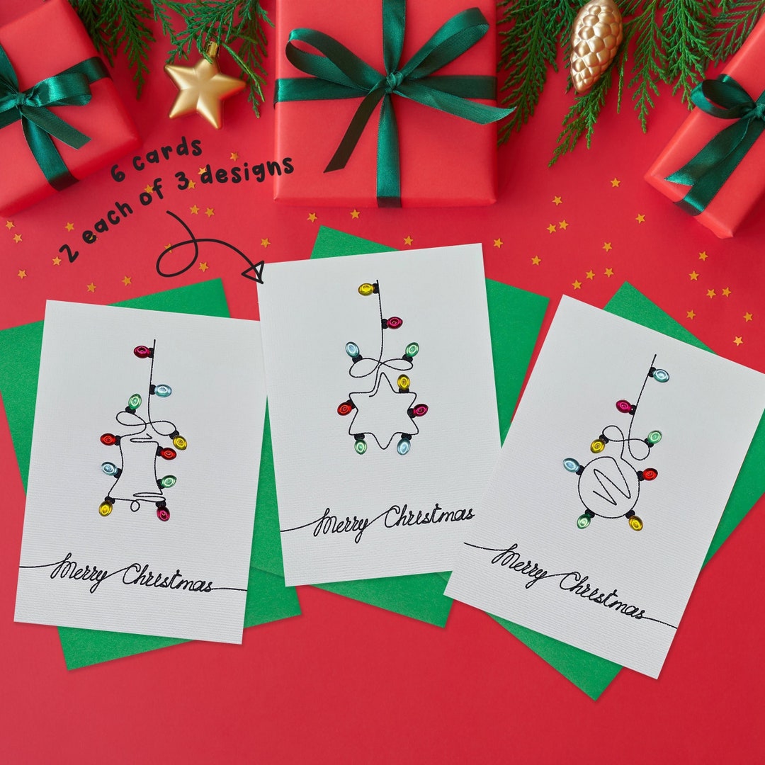 Set of 6 Christmas Cards Handmade Embellished Gem Fairy Lights ...