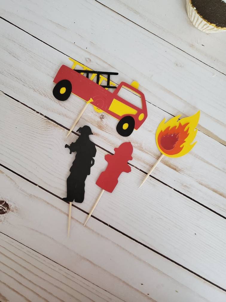 Firefighter Cupcake Toppers 12 Fire Themed Birthday Party | Etsy