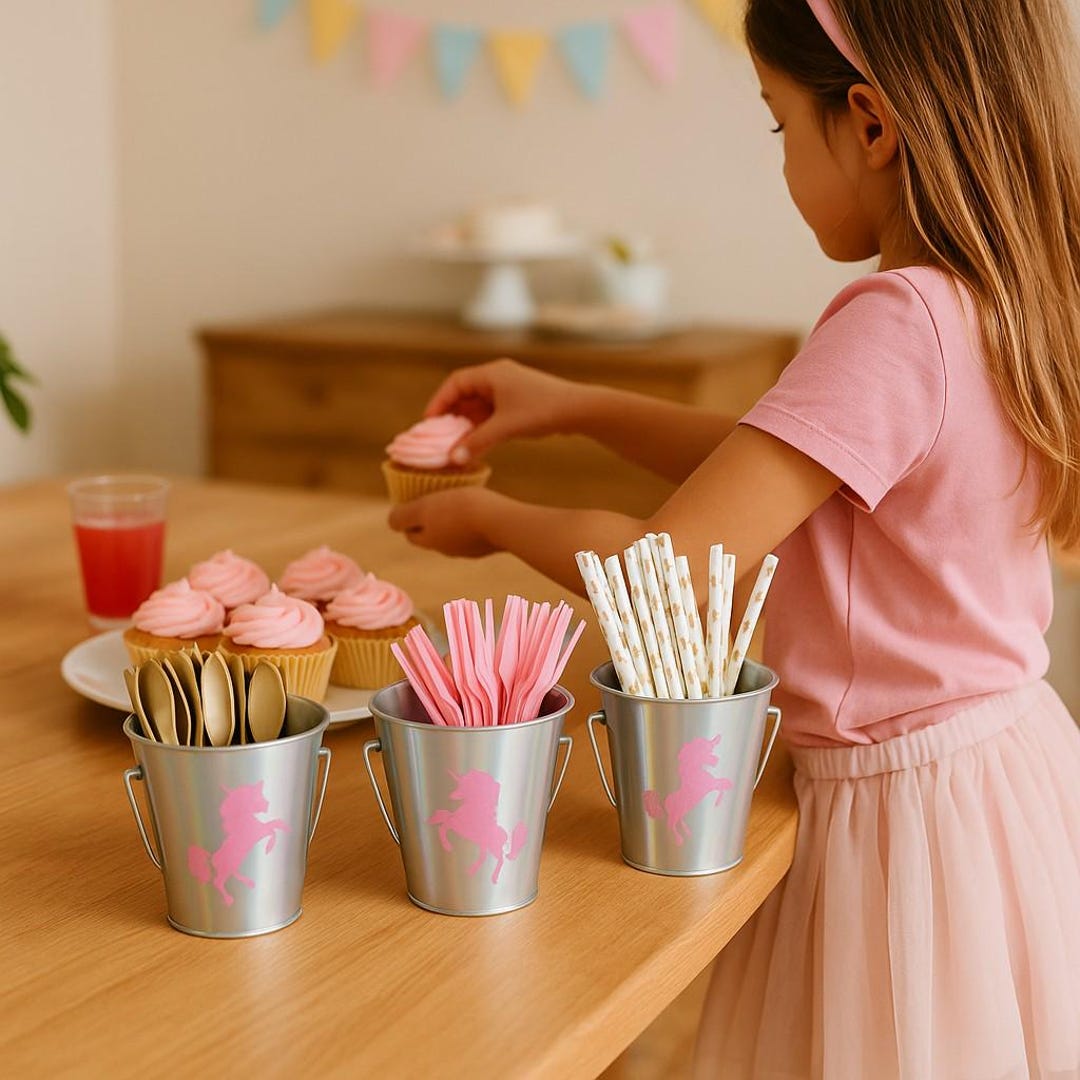 Pink Unicorn Party Buckets: Iridescent Silver Birthday Decor - Etsy