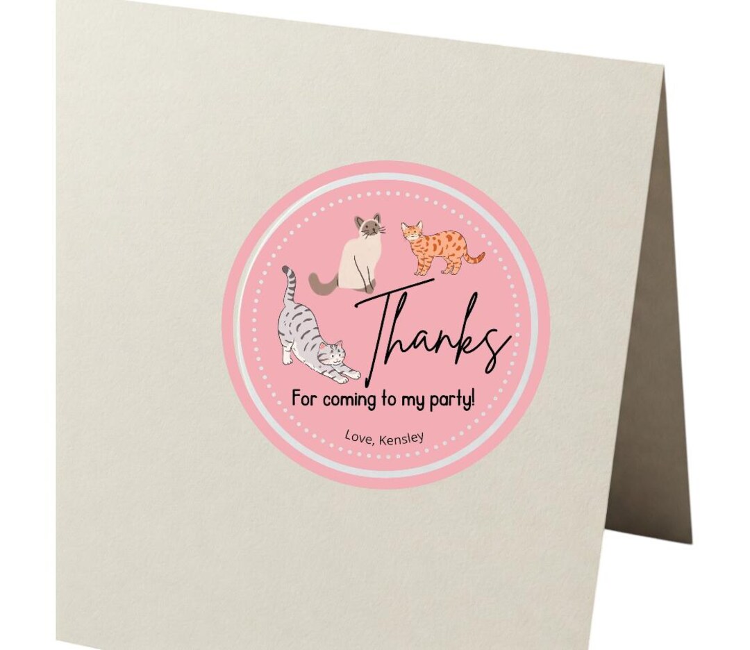 Cat Party Label Stickers for Parties, Kitty Thanks Round Decals, Let's ...