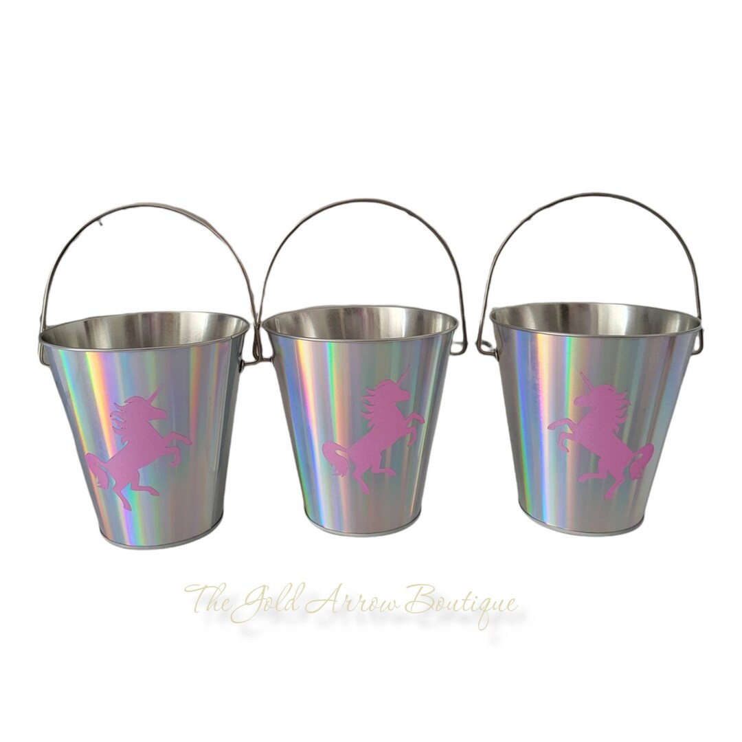 Pink Unicorn Party Mini Buckets for Straws, Utensils, Candy ~ Silver ...