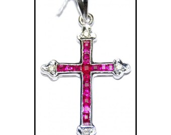 Unheated Ruby Diamond Cross 18K White Gold Crucifix Religious Christian ...