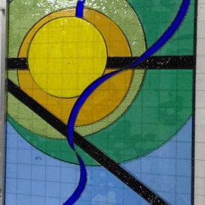 Textured Abstract Stained Glass Panel in Blues, Greens, Purple, Yellow ...