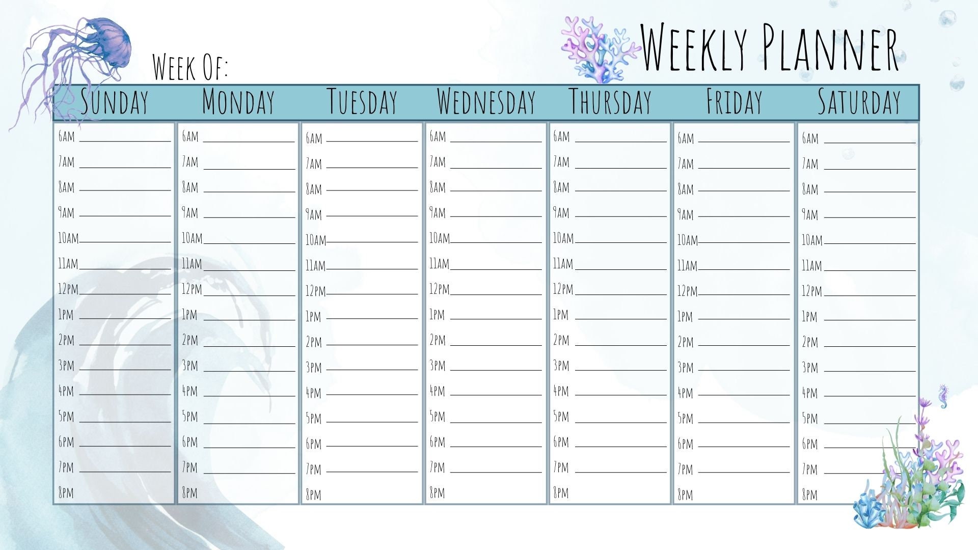 Printable Ocean-themed Weekly Calendar Planner Page - Etsy