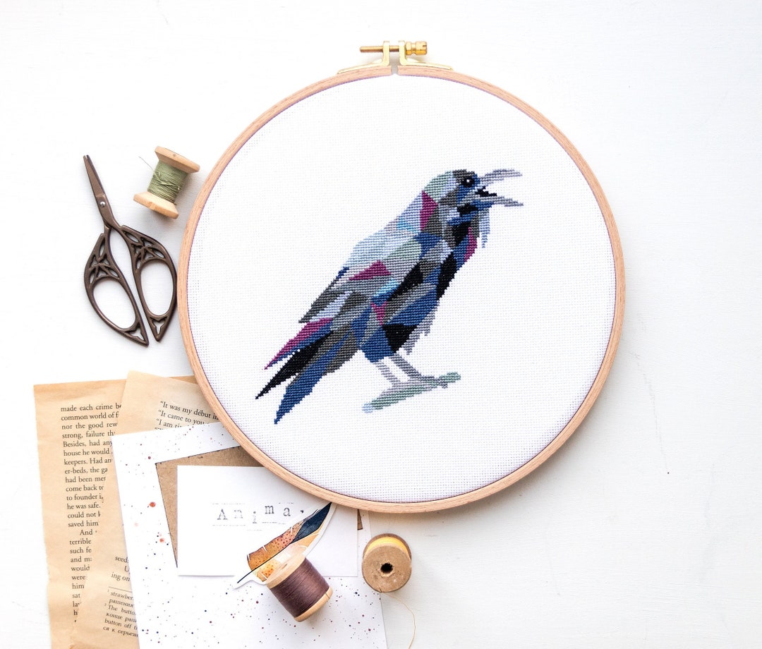 Raven Cross Stitch Pattern PDF - Modern Geometric Bird Embroidery Good ...