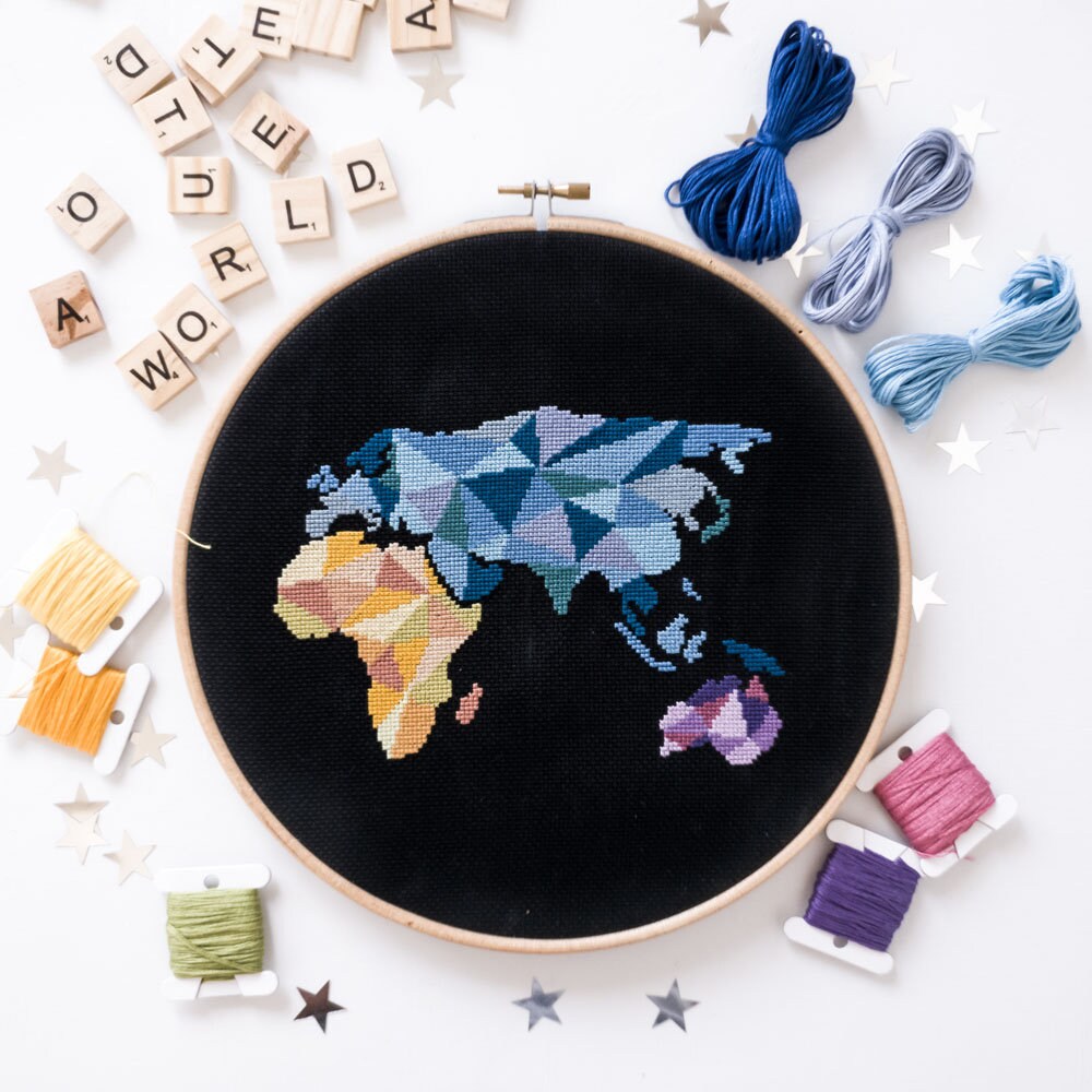 Geometric World Map Cross Stitch Pattern PDF Planet - Etsy