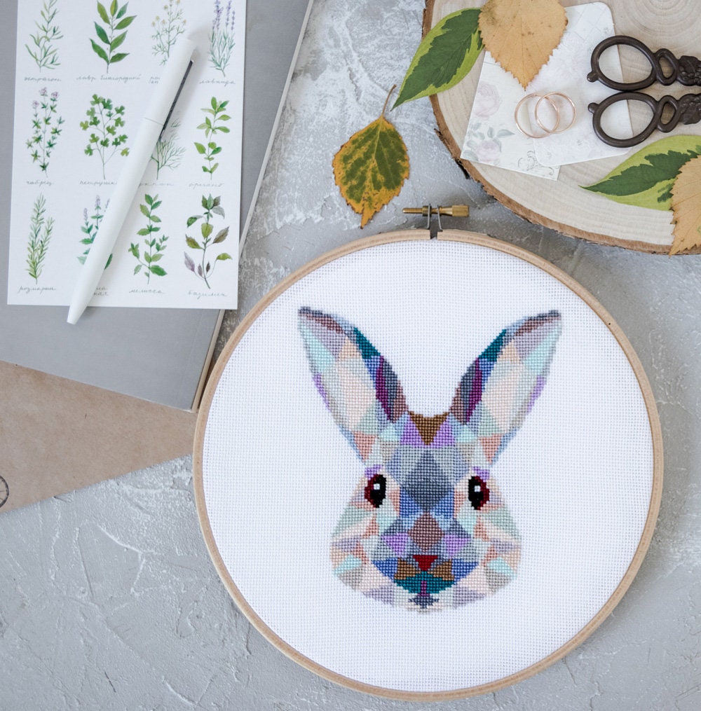 Geometric Rabbit Cross Stitch Pattern PDF | Modern Animal Embroidery ...