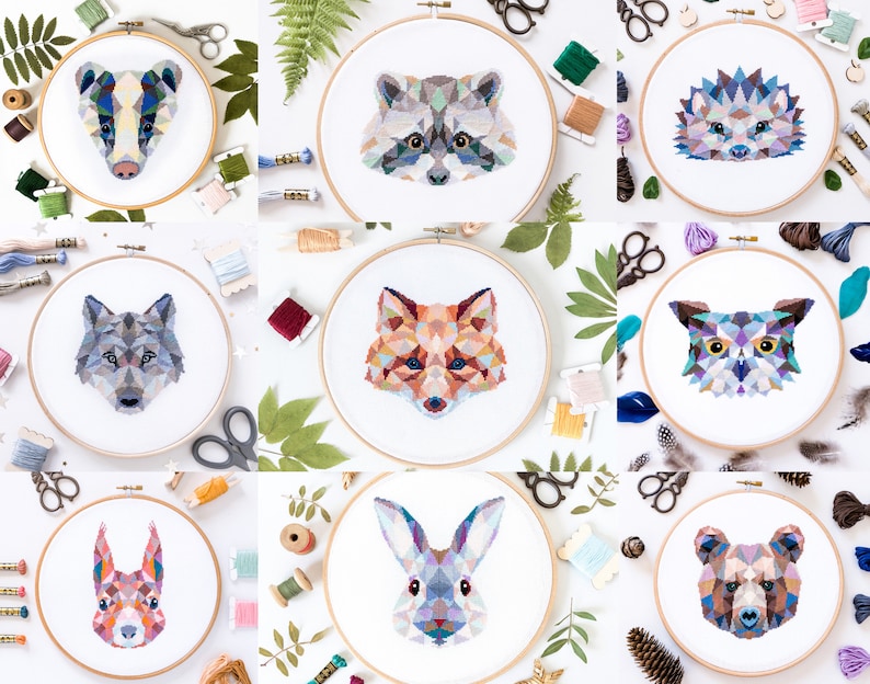 Woodland Animals Cross Stitch Patterns Bundle, 9 Modern Counted Charts ...