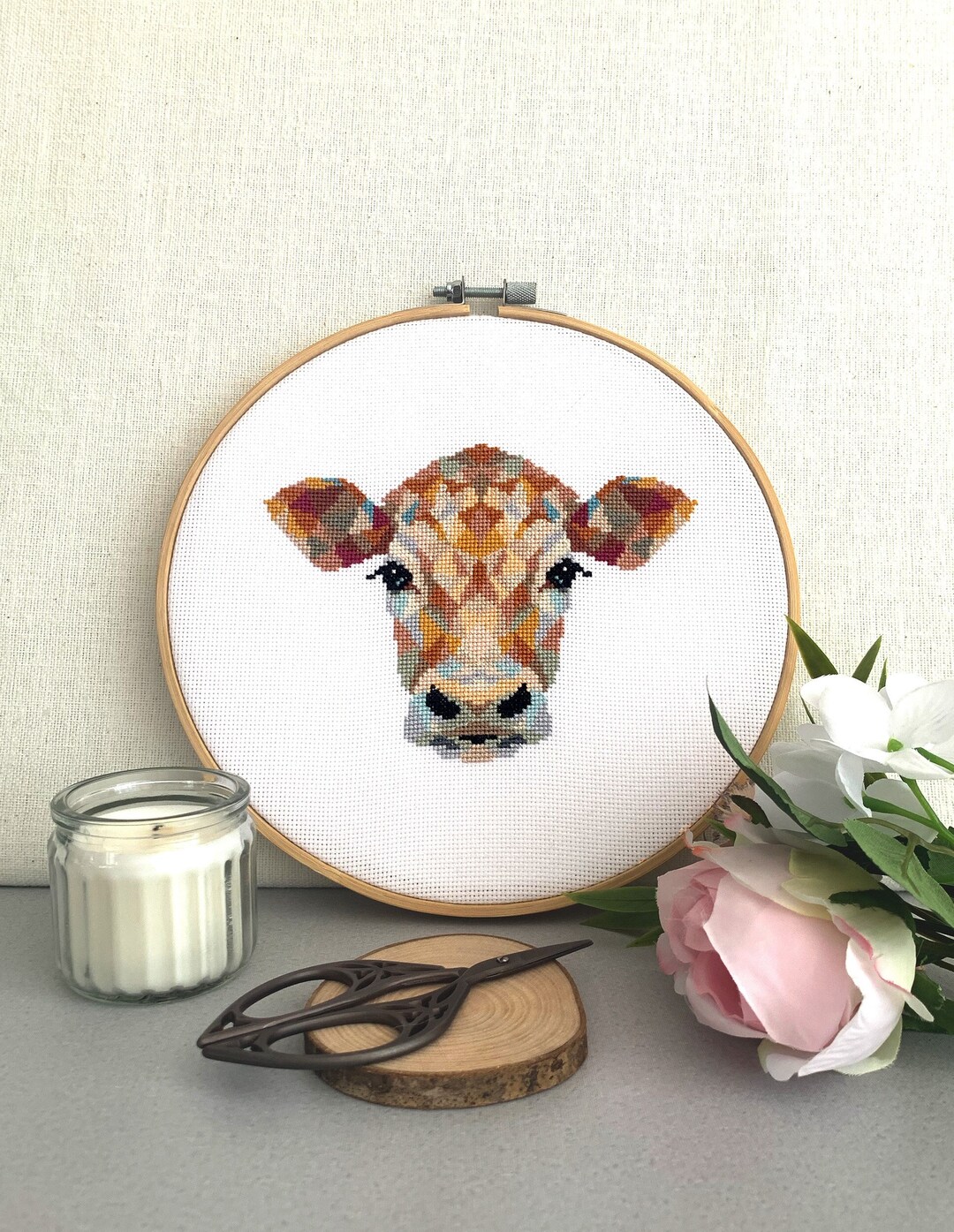 Geometric Cow Cross Stitch Pattern, Modern Farm Animal Hand Embroidery ...