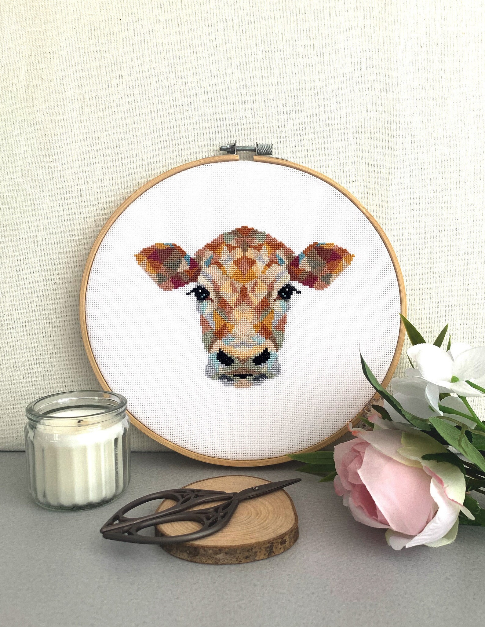 Geometric Cow Cross Stitch Pattern, Modern Farm Animal Hand Embroidery ...