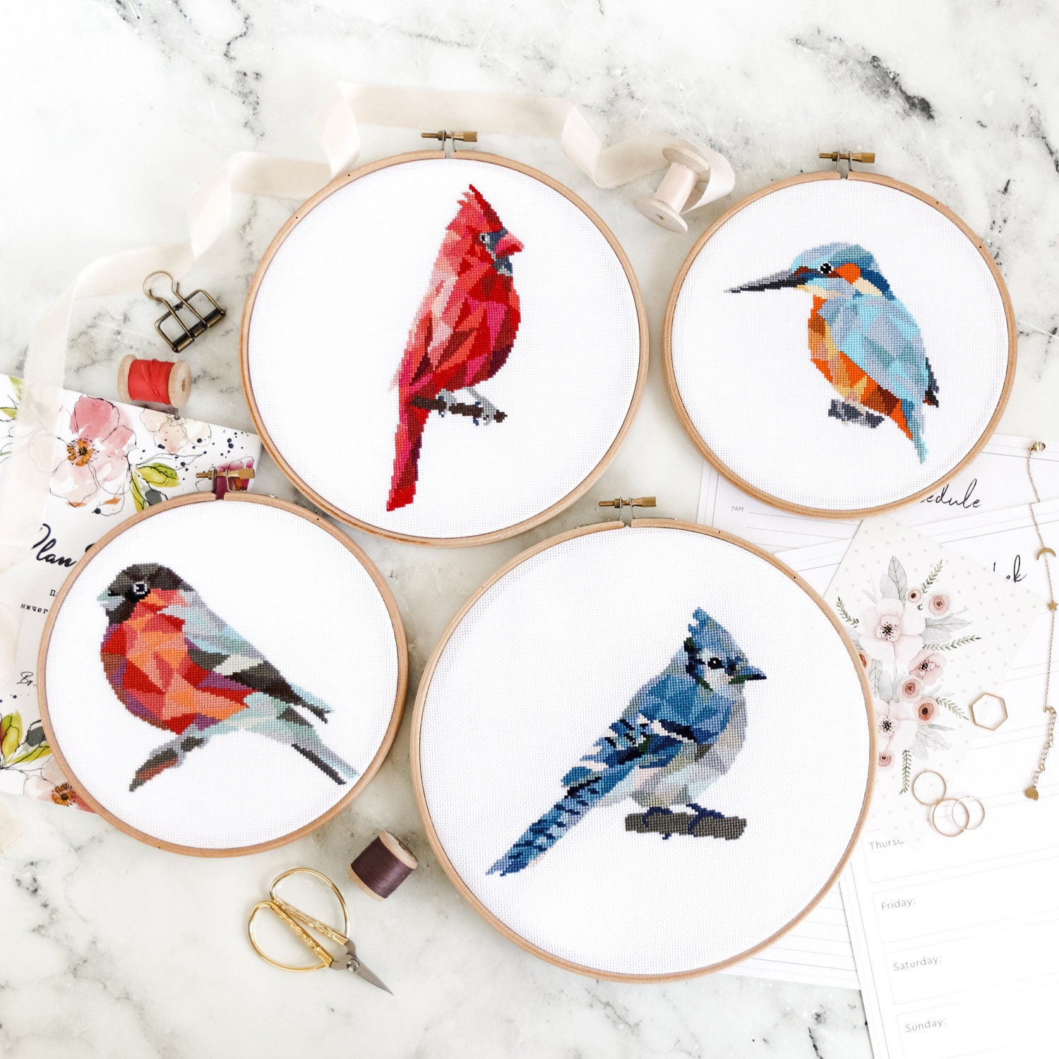 Birds Cross Stitch Pattern Set - Red Cardinal, Blue Jay, Bullfinch and ...