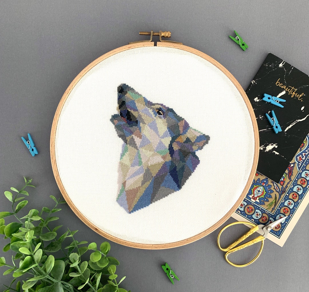 Geometric Howling Wolf Cross Stitch Pattern PDF - Modern Animal Hand ...