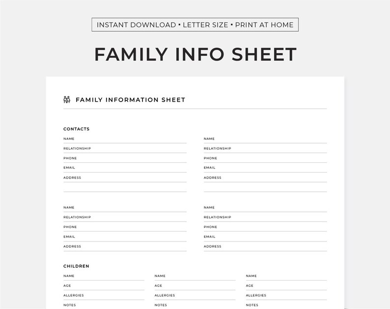 Family Information Sheet Printable Minimalist Letter Size - Etsy